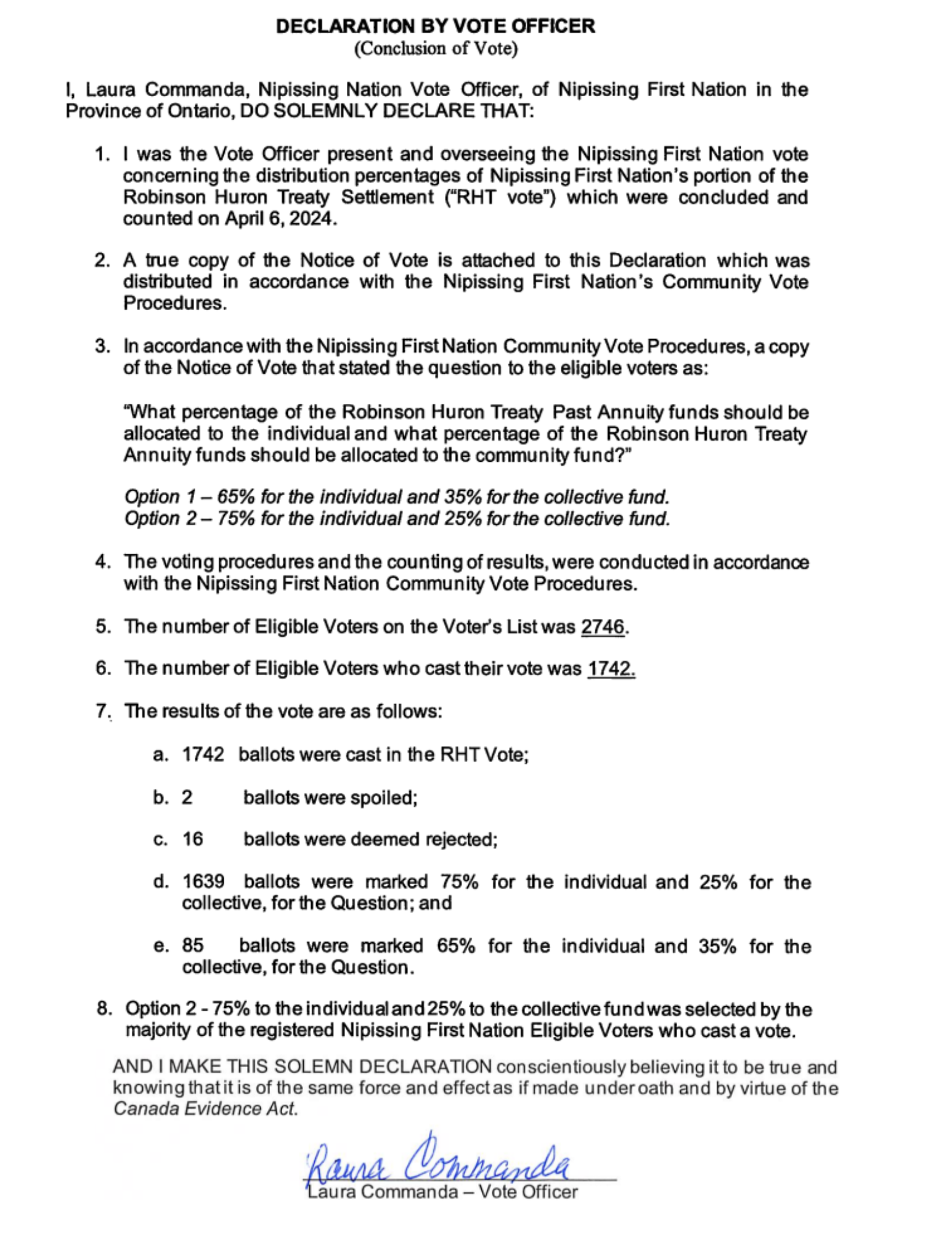Declaration by Vote Officer (Conclusion of Vote) » Nipissing First Nation